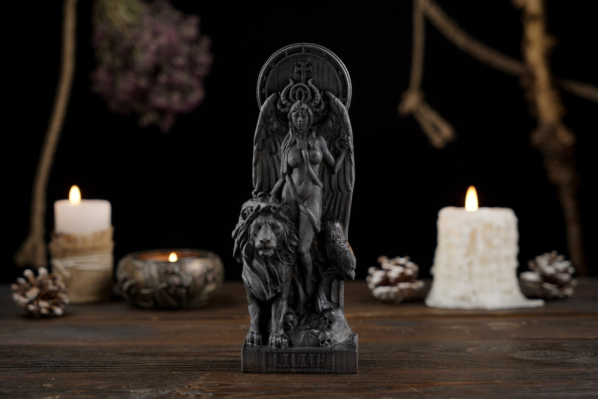 Lilith statue, Black Lilith Wicca Goddess with Lion, Astaroth statue ...